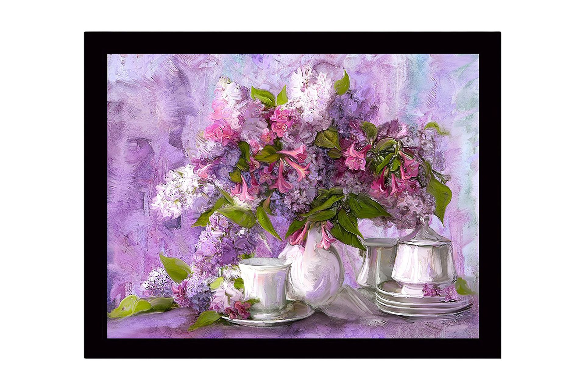 Innrammet lerret i tre - 41x56 cm - Fargerik bukett med syriner i en ...