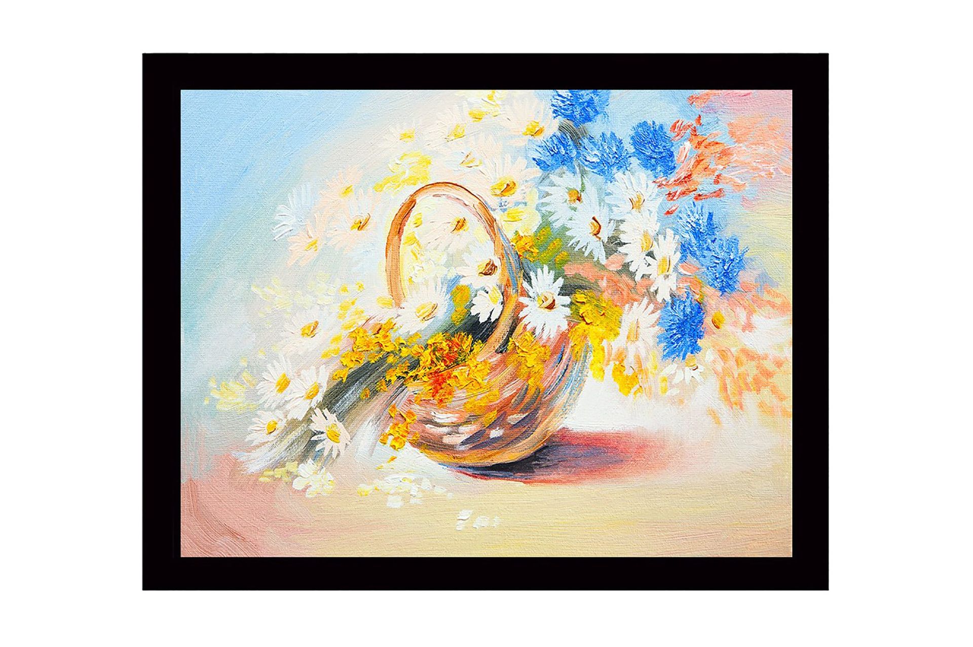 Innrammet lerret i tre - 41x56 cm - Fargerik kurv med blomster Blå ...