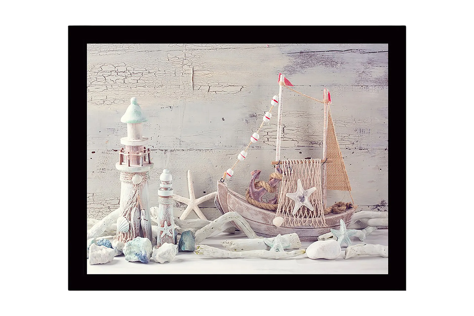 Innrammet lerretsbilde i tre - 41x56 cm - Maritim ro med båt og fyr i ...
