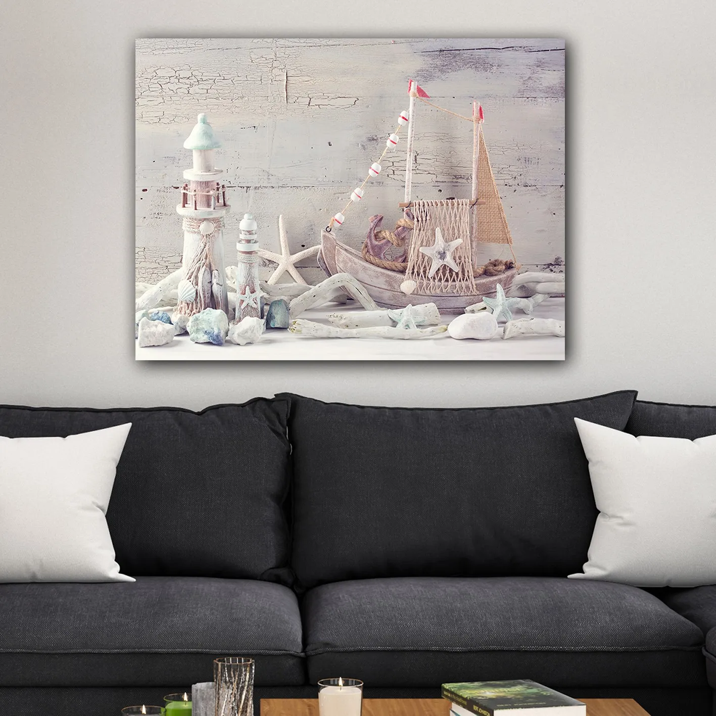 Lerretsbilde 70x100 cm - Nautisk komposisjon med båt, sjøstjerner og ...