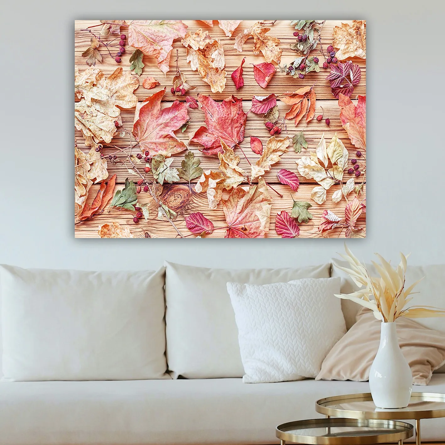 Lerretsbilde 70x100 cm - Samling av høstblader i forskjellige farger ...