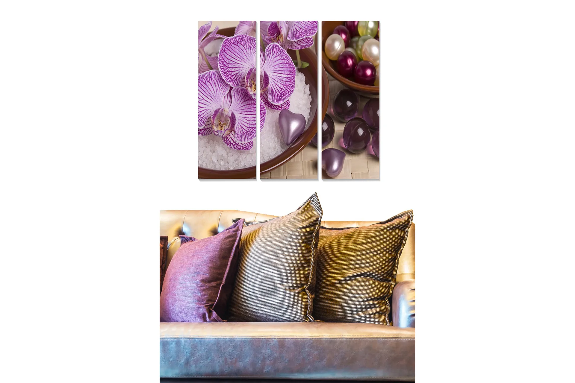 Trelerretsbilde 3-delt 50x70 cm - Lilla orkideer i en bolle med ...